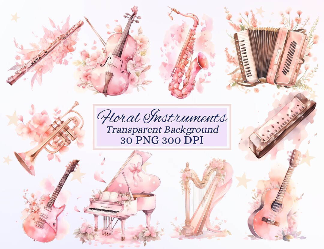 Floral Instruments Clipart Set for Creative Project, Pink Romantic ...