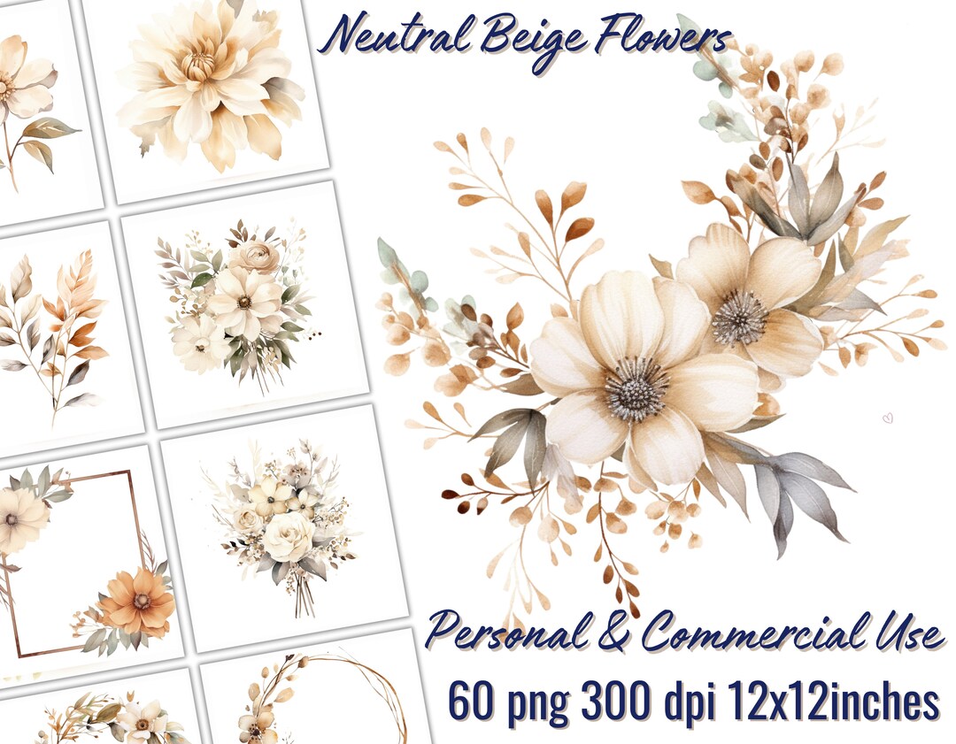 Neutral Beige Flowers Clipart, 60 PNG, Watercolor Floral Design ...