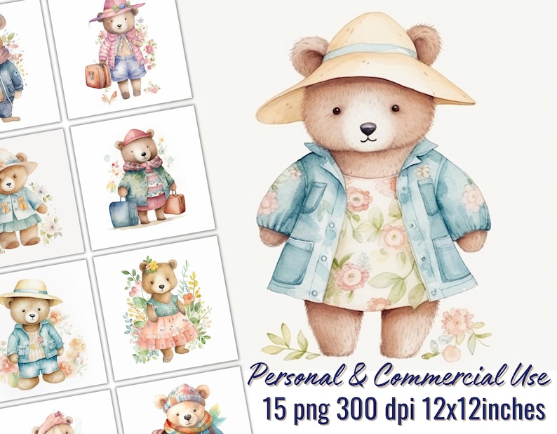 Spring Teddy Bear Clipart 15 PNG Watercolor Wall Art Nursery Decor ...