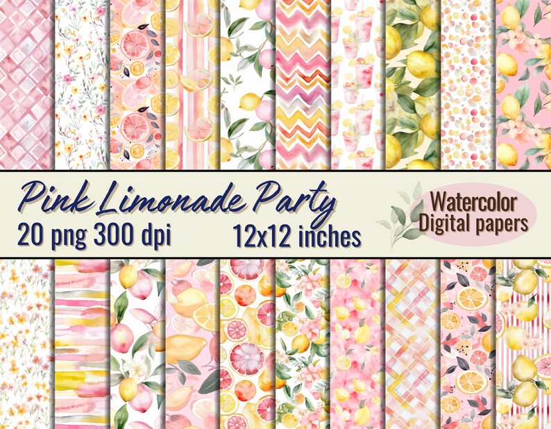 Pink Lemonade Party Digital Paper - Watercolor - 20 PNG - High Quality ...