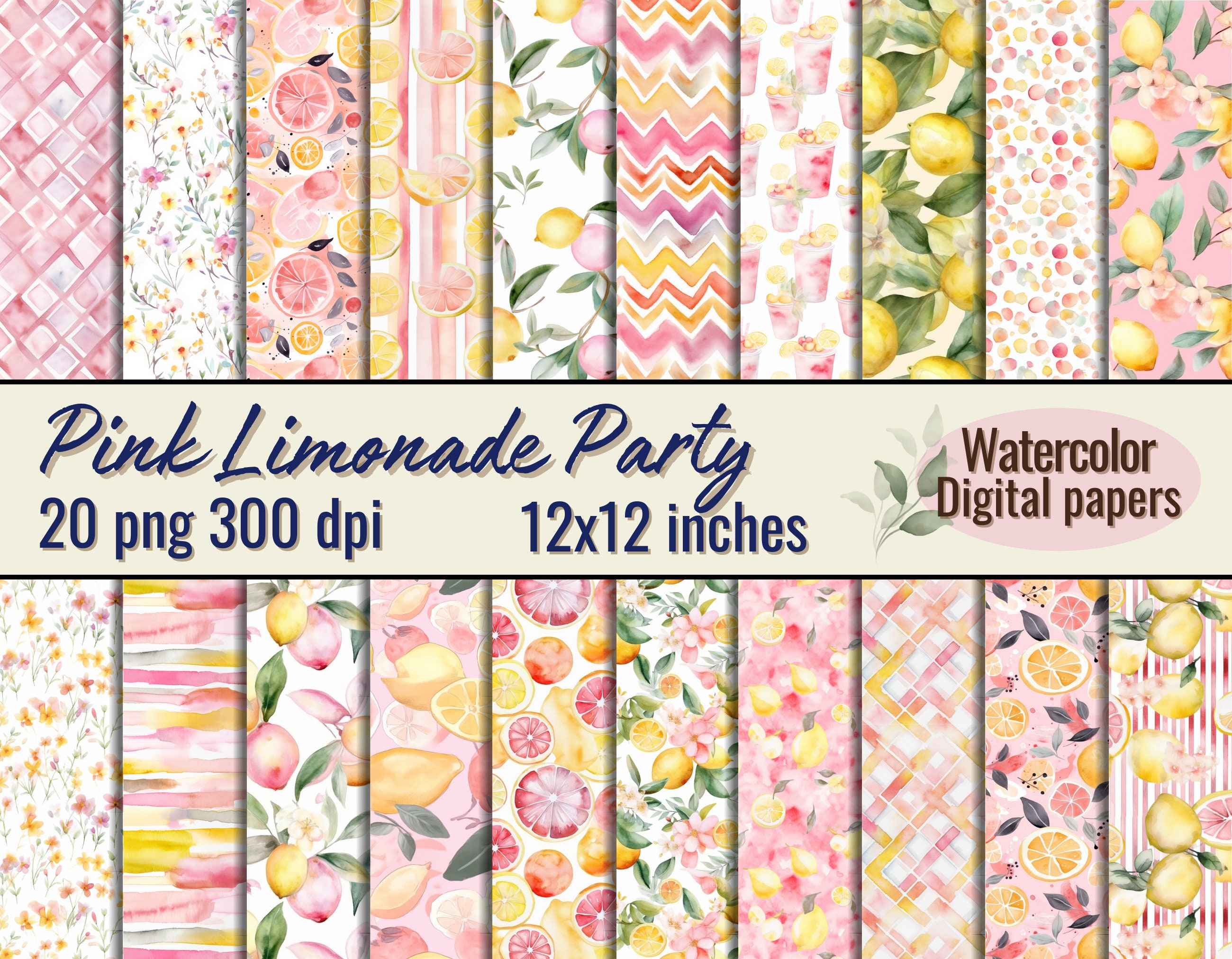 Pink Lemonade Party Digital Paper - Watercolor - 20 PNG - High Quality ...