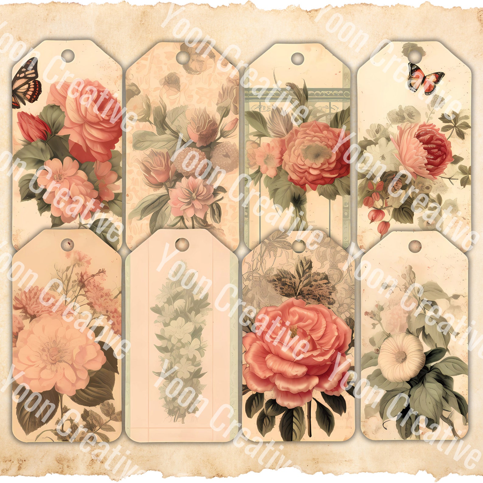 Vintage Floral Digital Paper Tag for Creative Project, Transparent ...