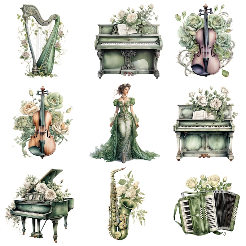 Sage Green Rose Cliparts for Creative Projetcs, Floral Musical Elements ...