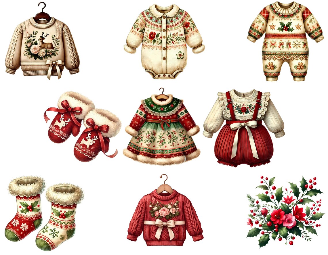 Vintage Christmas Baby Clothes Clipart Set for Creative Projects, Retro ...