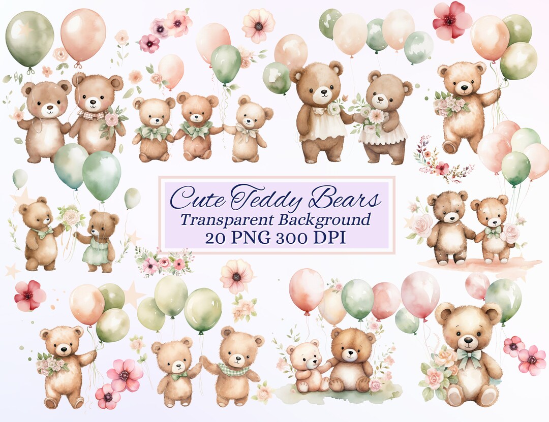 Cute Teddy Bears Clipart Set for Creative Project, Composition, Nursery ...