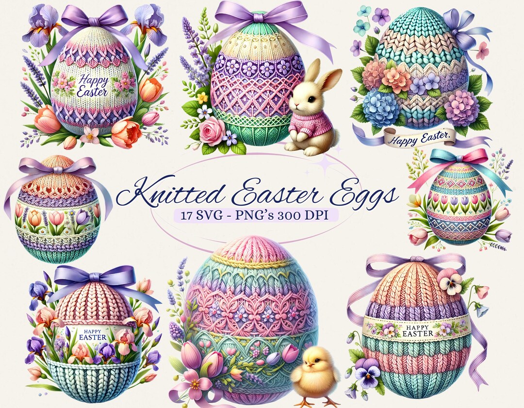Knitted Easter Eggs Cliparts for Creative Project, Floral Spring ...