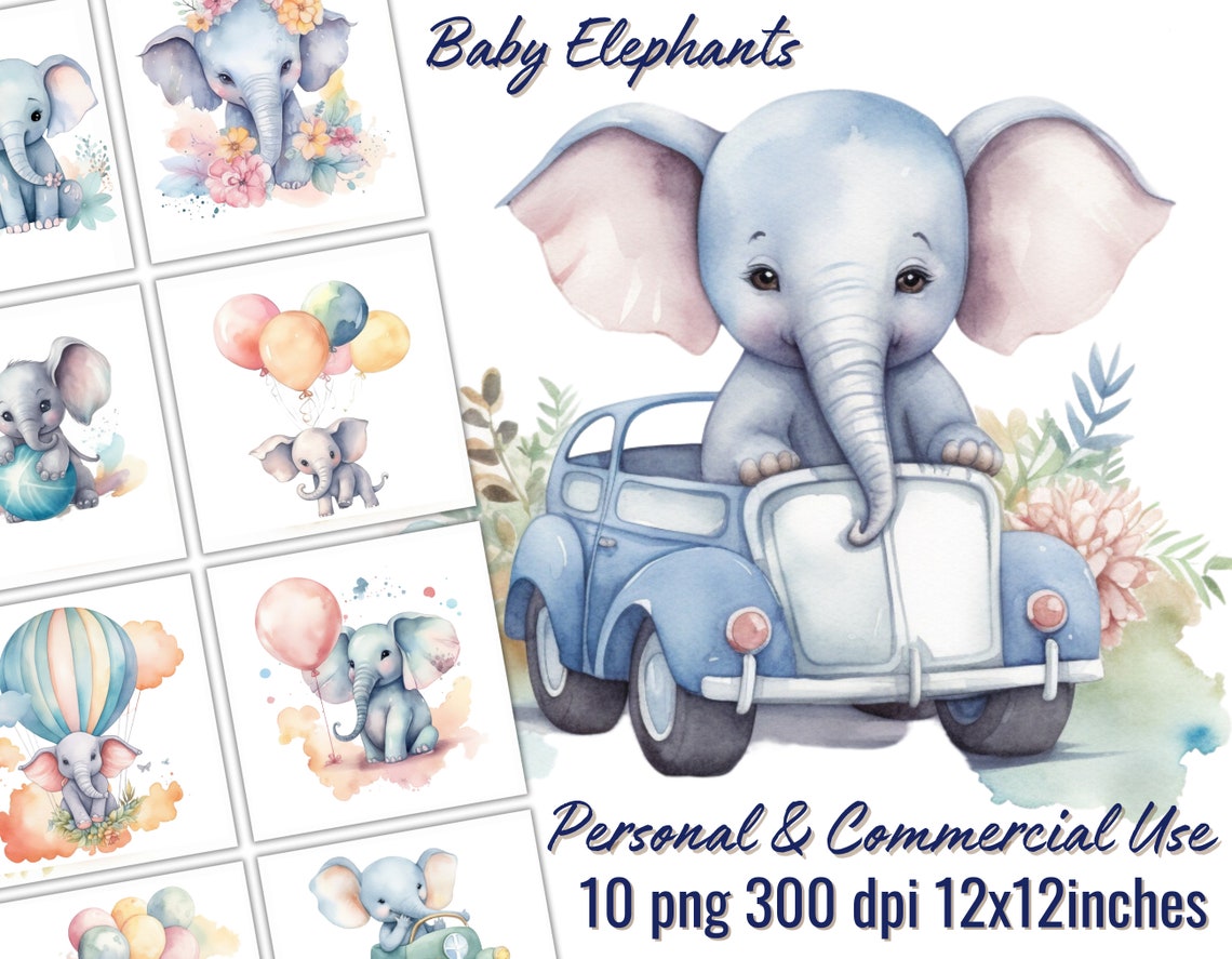 Adorable Elephant Watercolor Clipart Set - Baby Shower Bundle - 10 PNG ...