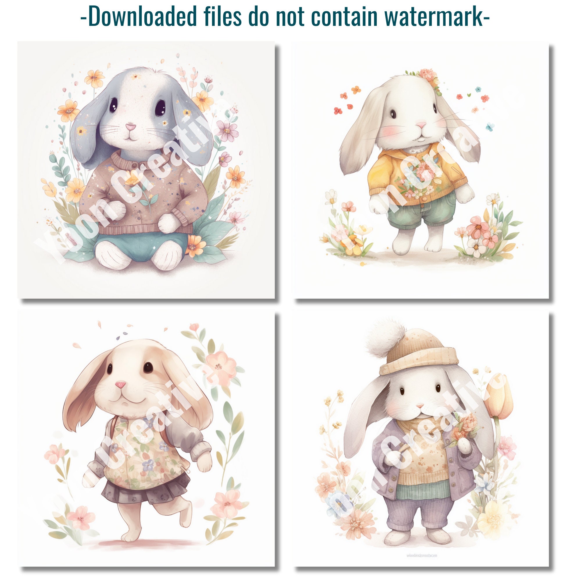 Sweet Bunnies With Flower Clipart Rabbit Illustration Bundle 25 PNG ...