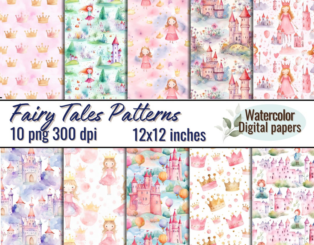 Fairy Tale Patterns Bundle, 10 PNG, Digital Papers Featuring Princesses ...