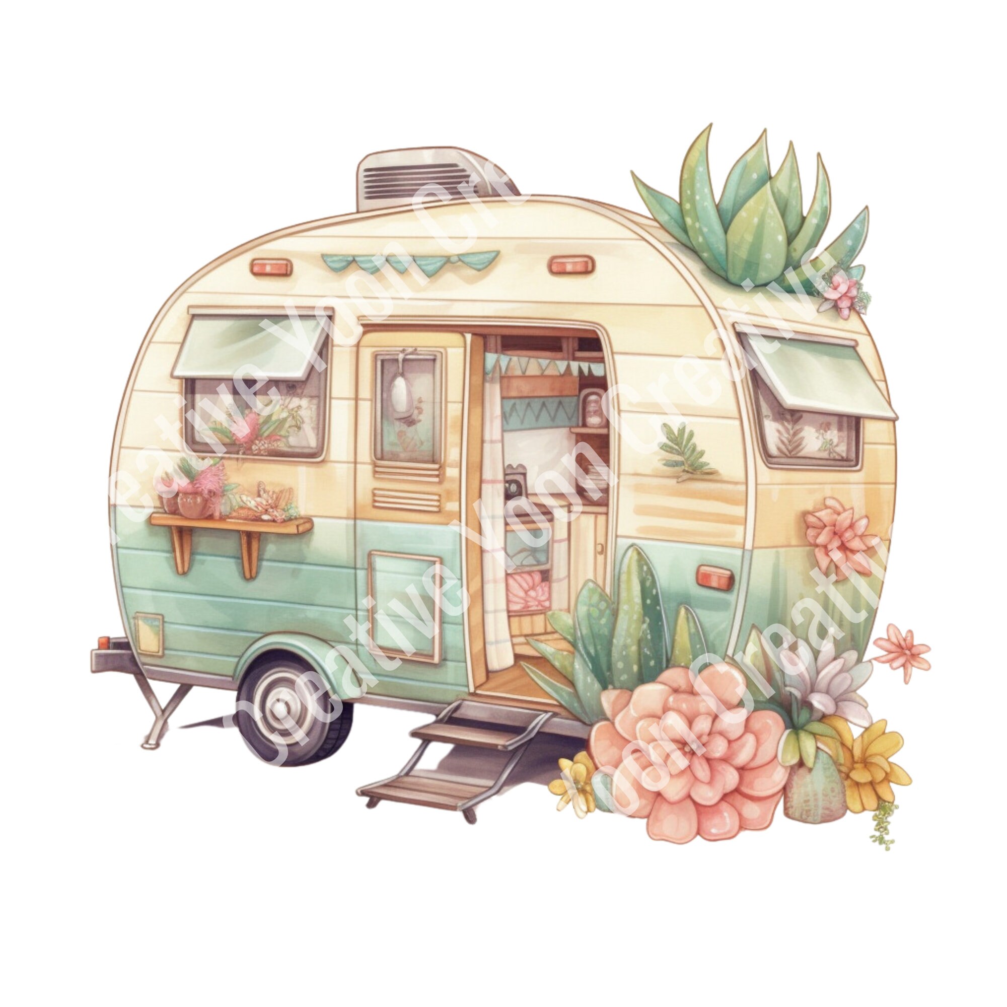 Spring Caravan Watercolor Clipart, 25 PNG, Road Trip, Outdoor Activies ...