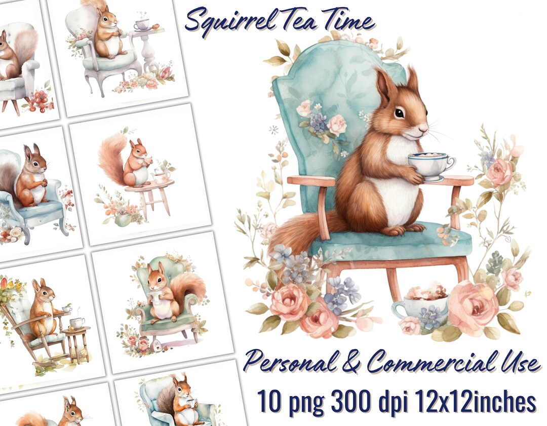 Whimsical Squirrels Clipart Bundle, 10 PNG, Tea Time, Spring Flowers ...