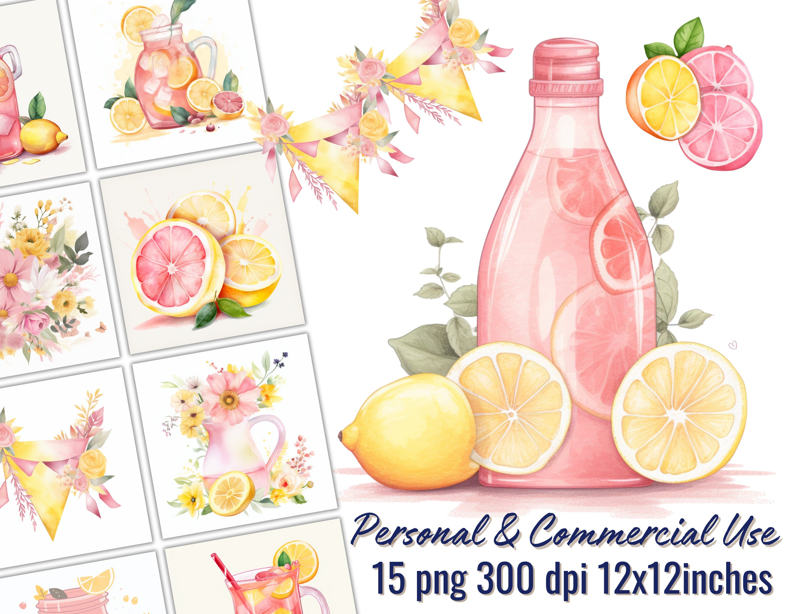 Pink Lemonade Party Clipart Bundle Watercolor 15 PNG Transparent ...