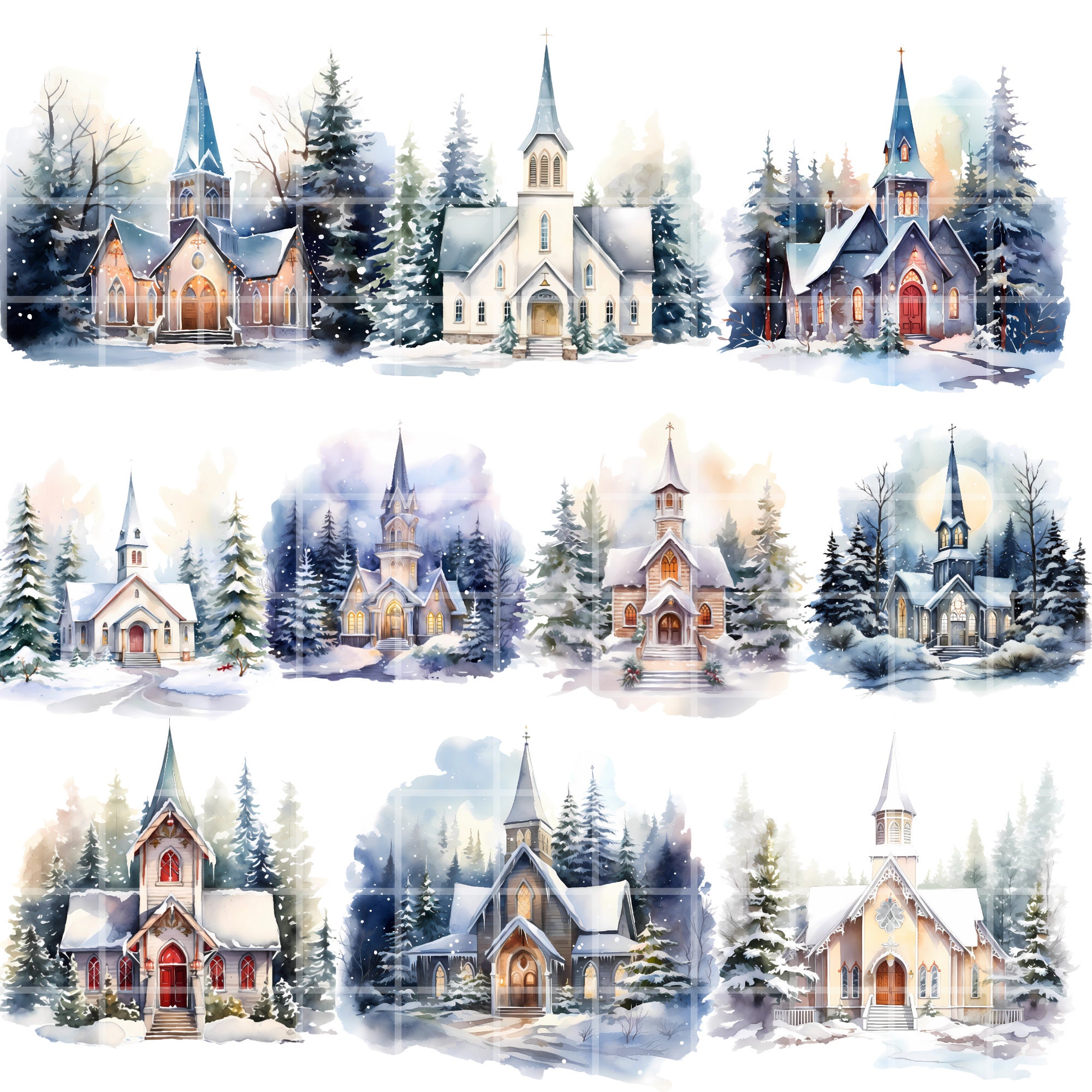 Winter Churches Clipart Set for Creative Projects, Xmas Design, Pine ...