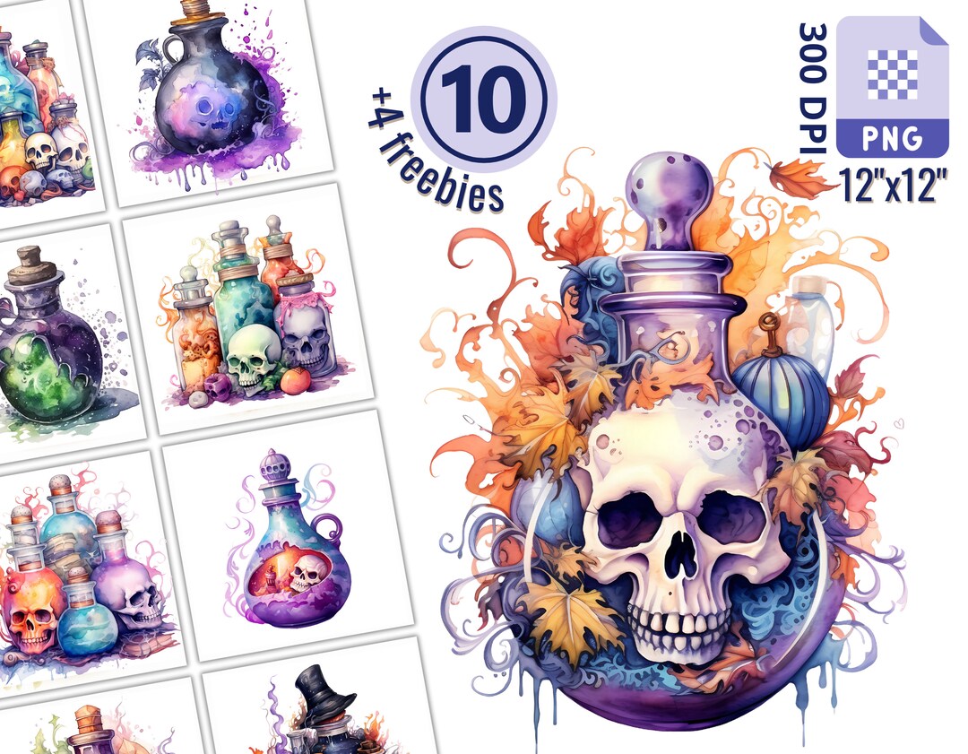 Watercolor Spooky Potions Clipart Set for Creative Projects, Witch's ...