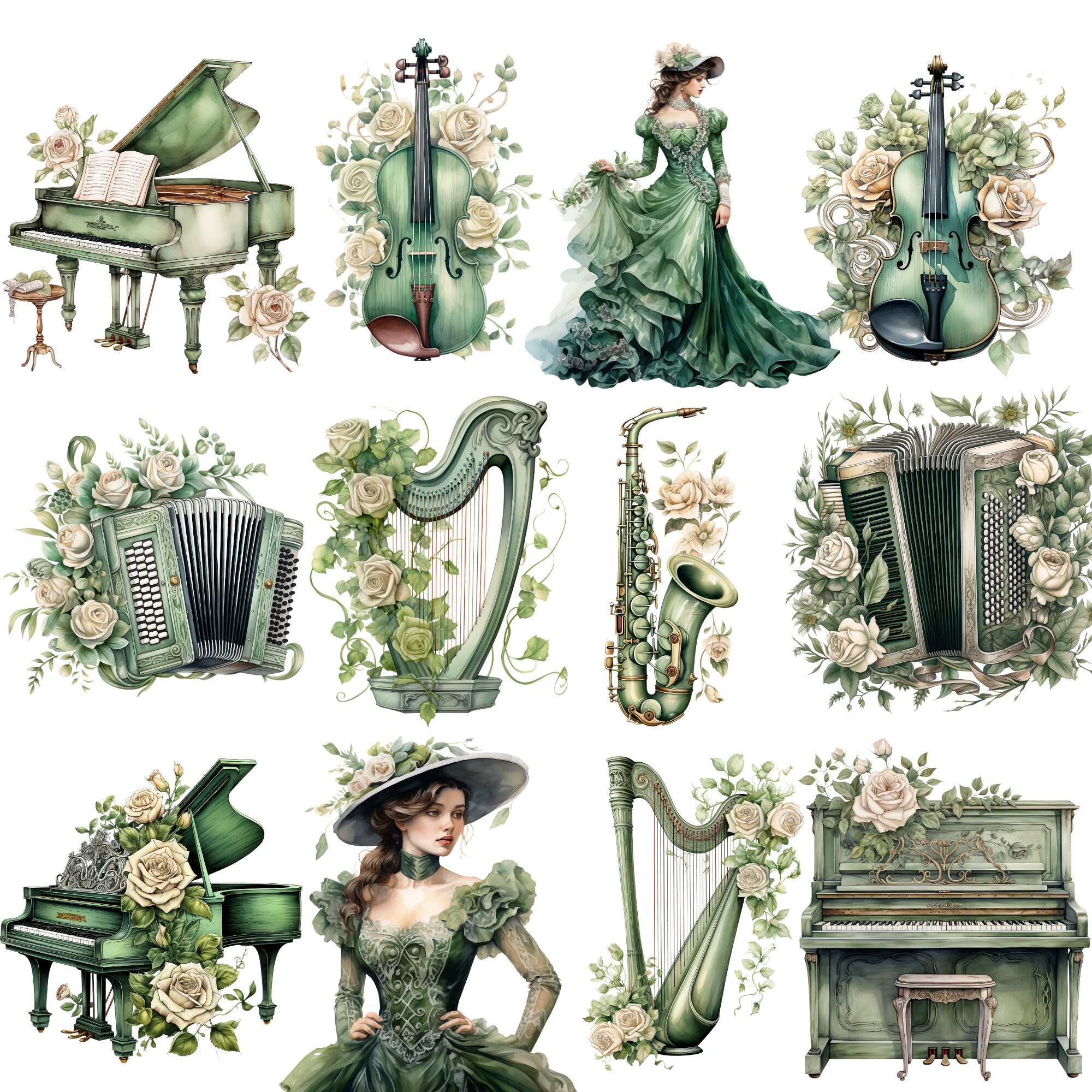 Sage Green Rose Cliparts for Creative Projetcs, Floral Musical Elements ...