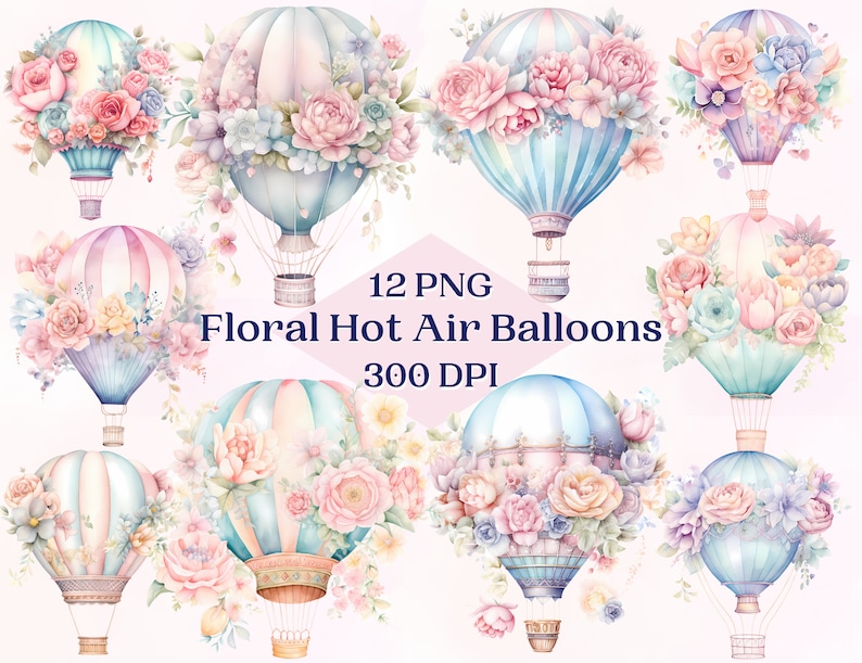 Floral Hot Air Balloons Clipart for Projects, Whimsical Nursery Wall ...