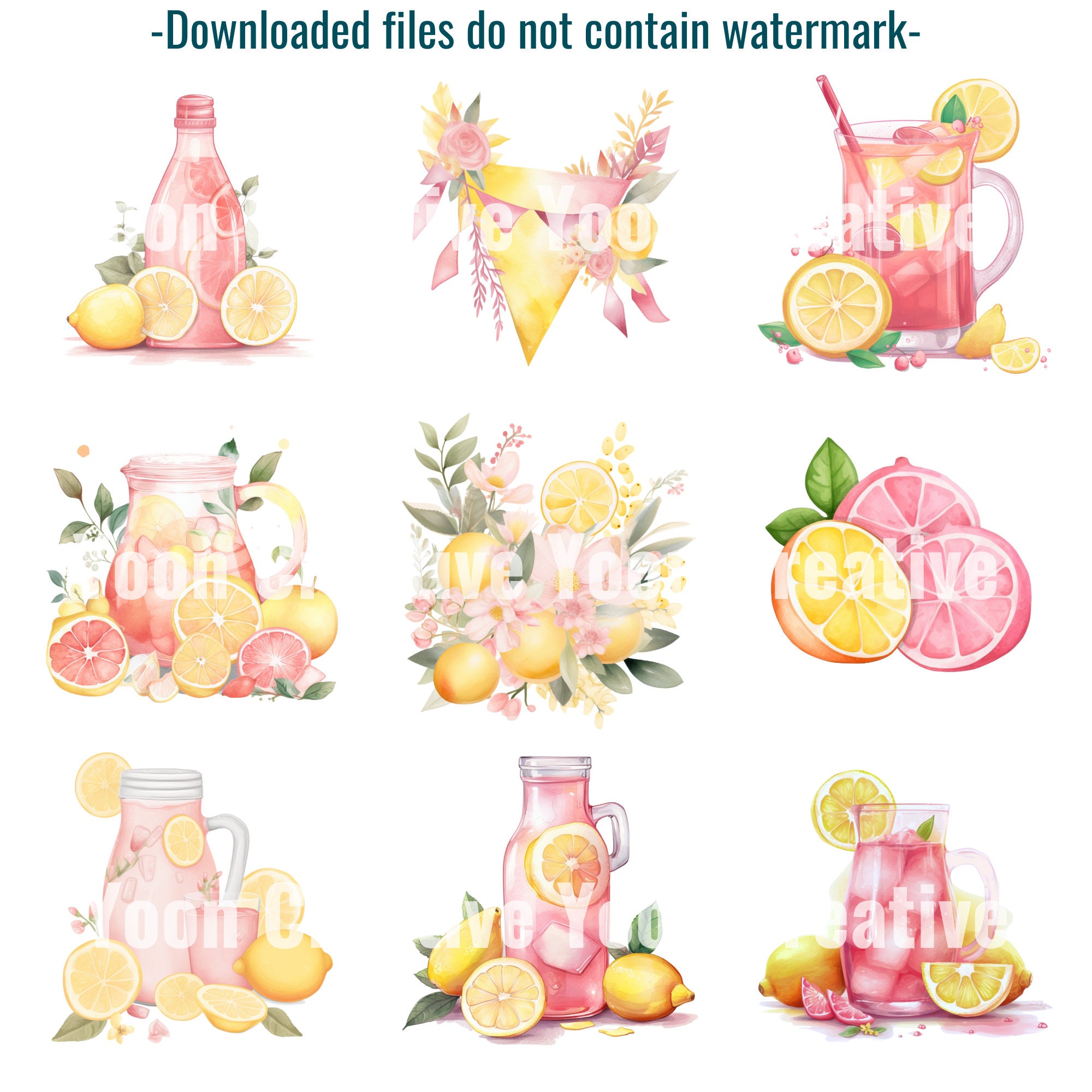 Pink Lemonade Party Clipart Bundle Watercolor 15 PNG Transparent ...