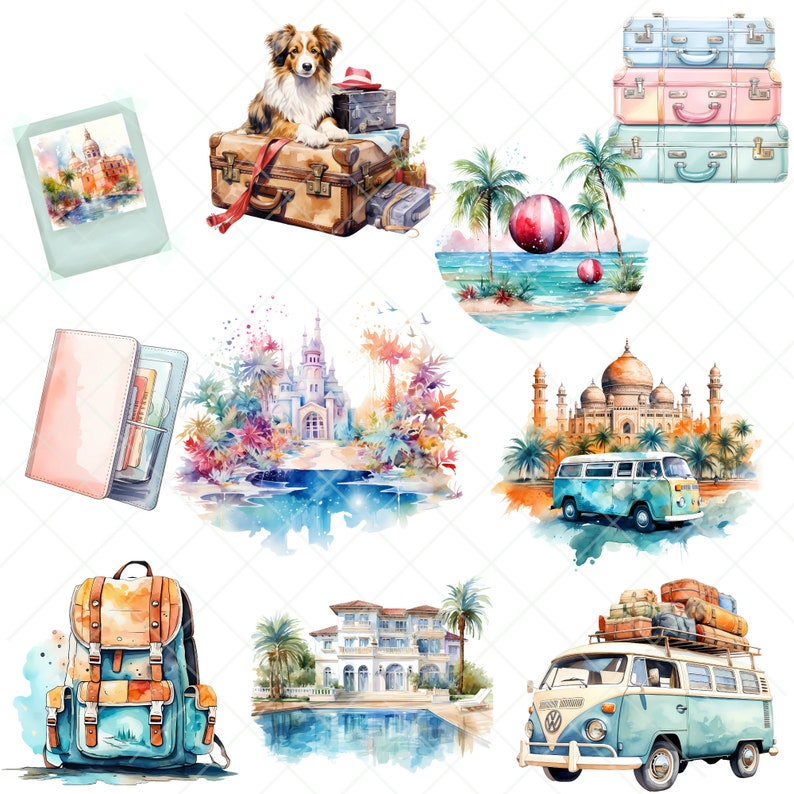 Let's Travel Watercolor Clipart for Creative Projects, Road Trip ...