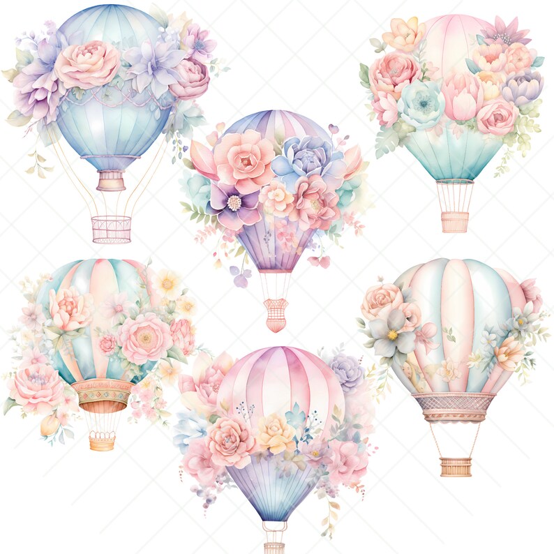 Floral Hot Air Balloons Clipart for Projects, Whimsical Nursery Wall ...