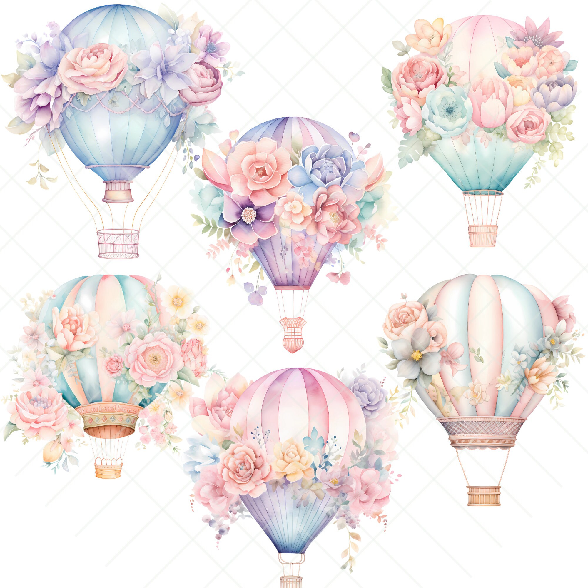 Floral Hot Air Balloons Clipart for Projects, Whimsical Nursery Wall ...