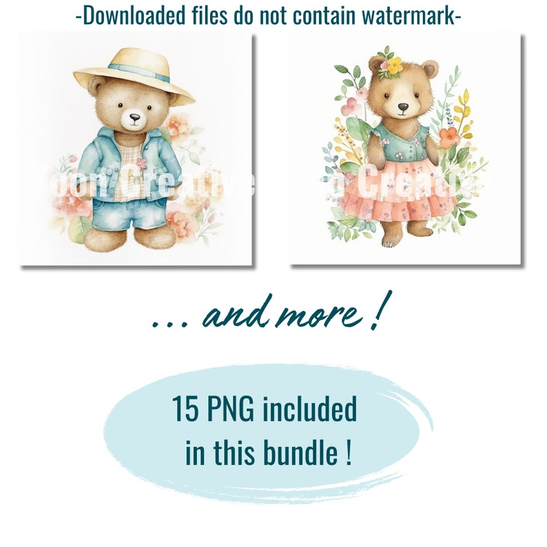 Spring Teddy Bear Clipart 15 PNG Watercolor Wall Art - Etsy