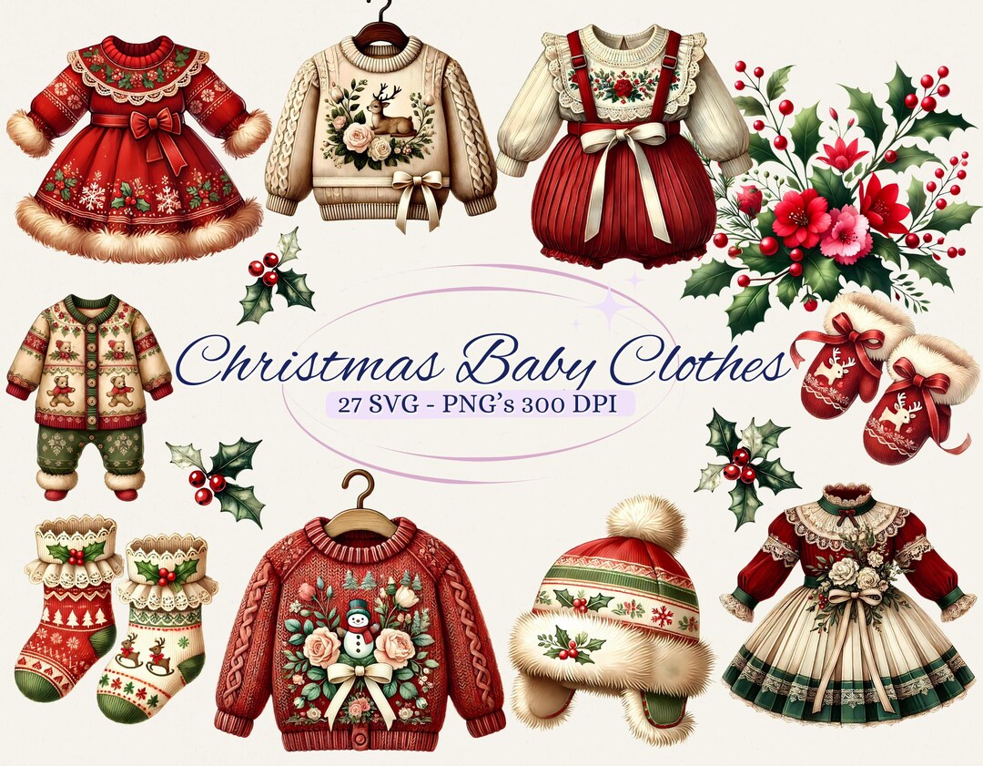 Vintage Christmas Baby Clothes Clipart Set for Creative Projects, Retro ...