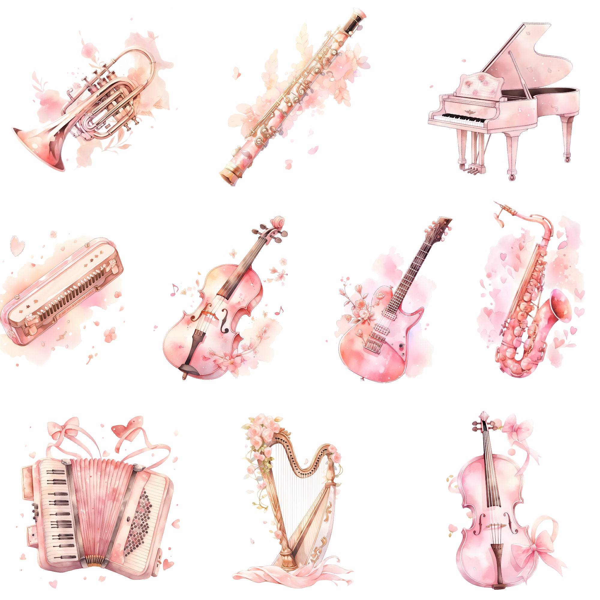 Floral Instruments Clipart Set for Creative Project, Pink Romantic ...