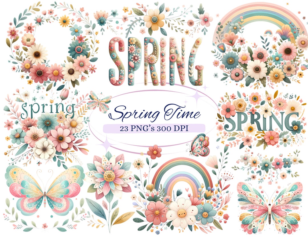 Spring Time Cliparts for Creative Project, Floral Spring Graphics, Spring Colors Floral Graphics ...