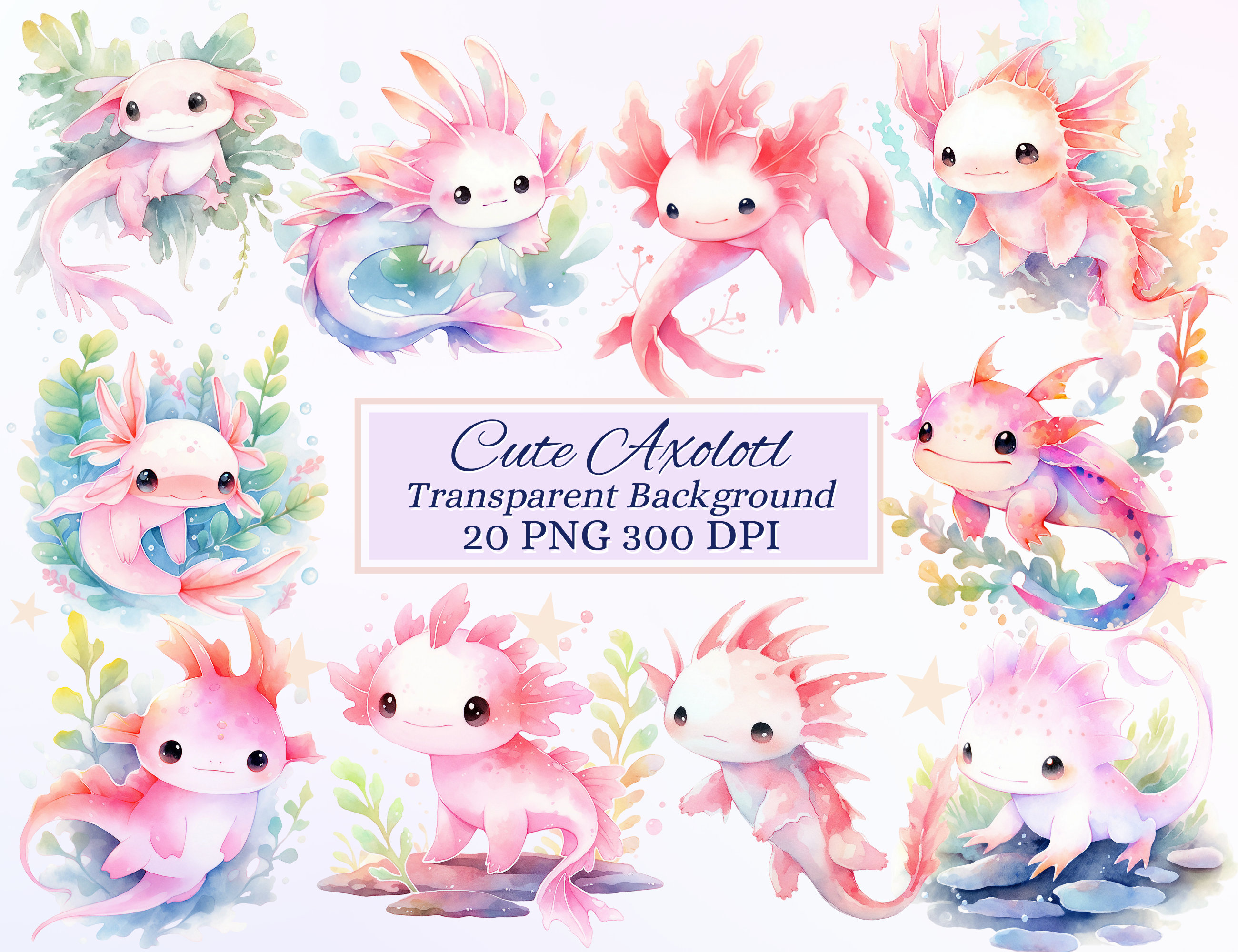 Cute Axolotl Cliparts for Creative Project, Sea Animal Graphics ...