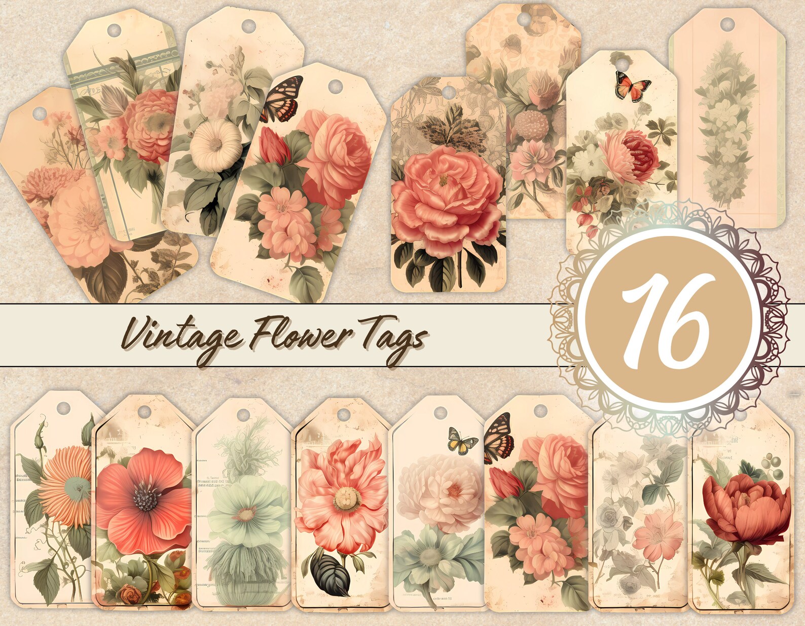 Vintage Floral Digital Paper Tag for Creative Project, Transparent ...