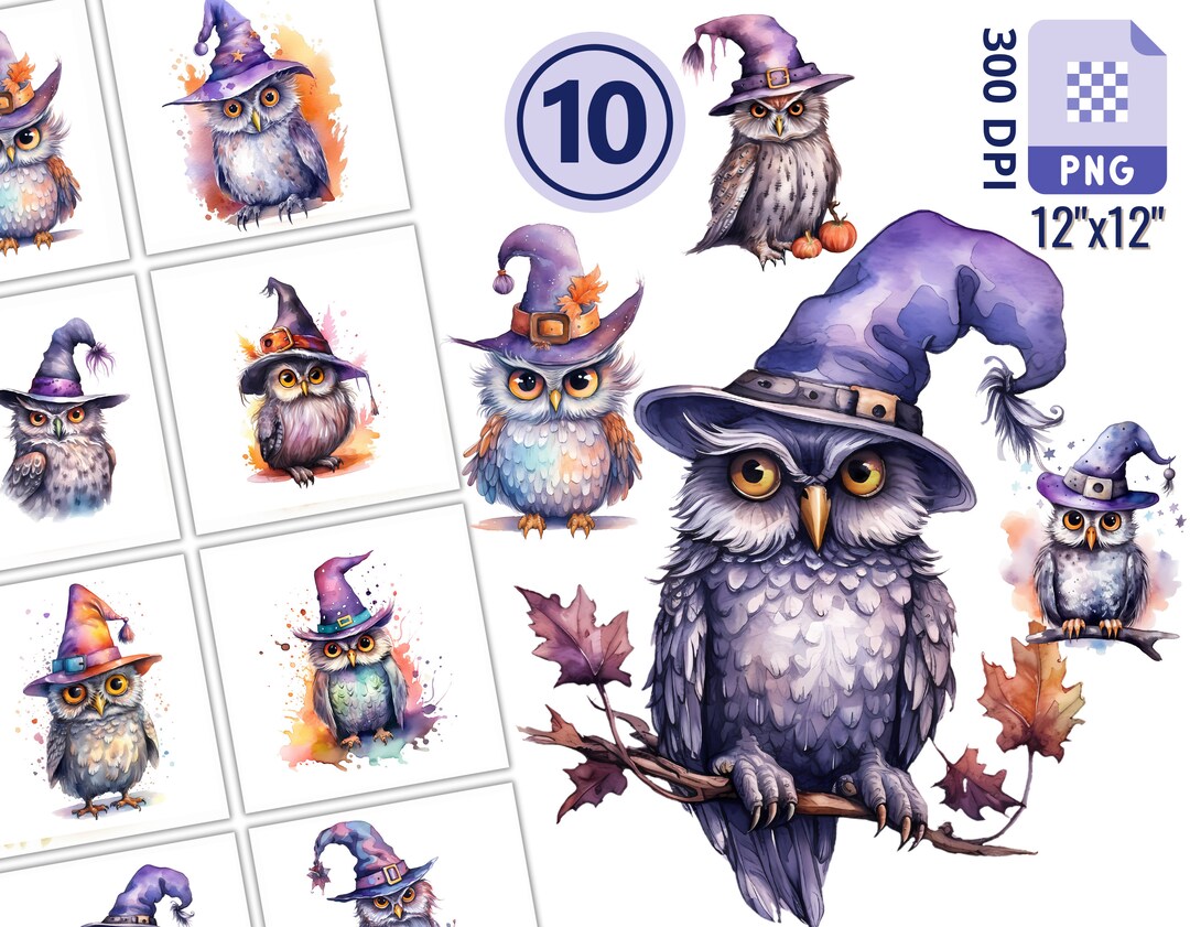 Watercolor Magical Owl Clipart Set for Creative Projects, Witch's Hat ...