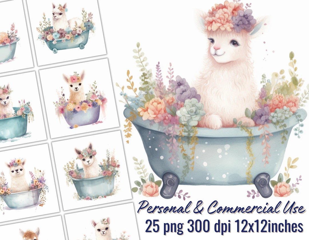 Alpaca Bath Time Clipart Set - 25 PNG - Adorable Baby Shower Graphics ...