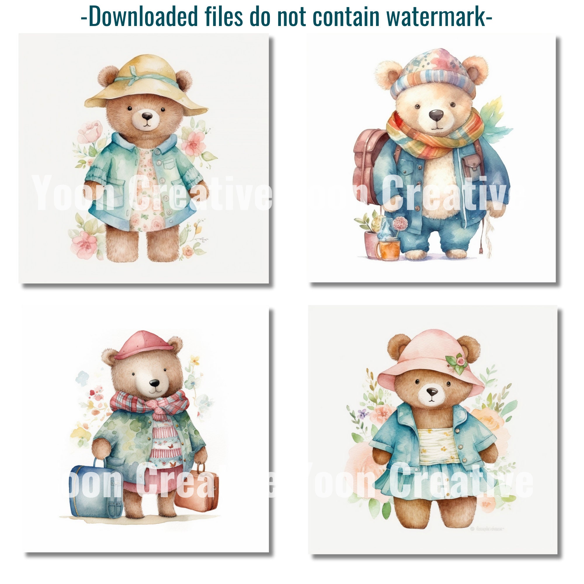 Spring Teddy Bear Clipart 15 PNG Watercolor Wall Art - Etsy