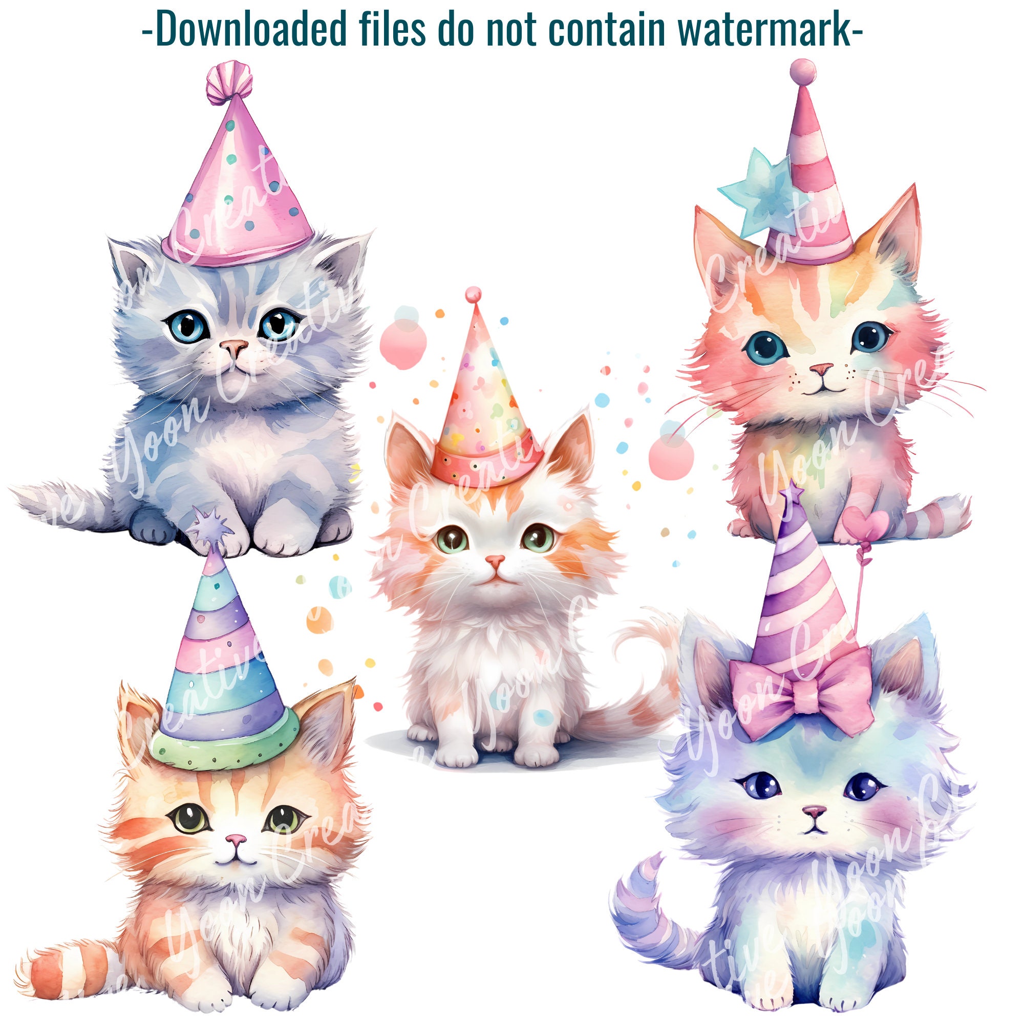 Watercolor Birthday Cats Clipart Set for Creative Projects, Kitten ...