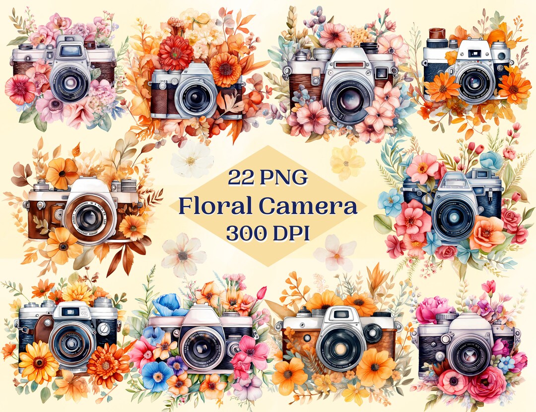 Watercolor Floral Camera Clipart for Creative Project, Photography ...