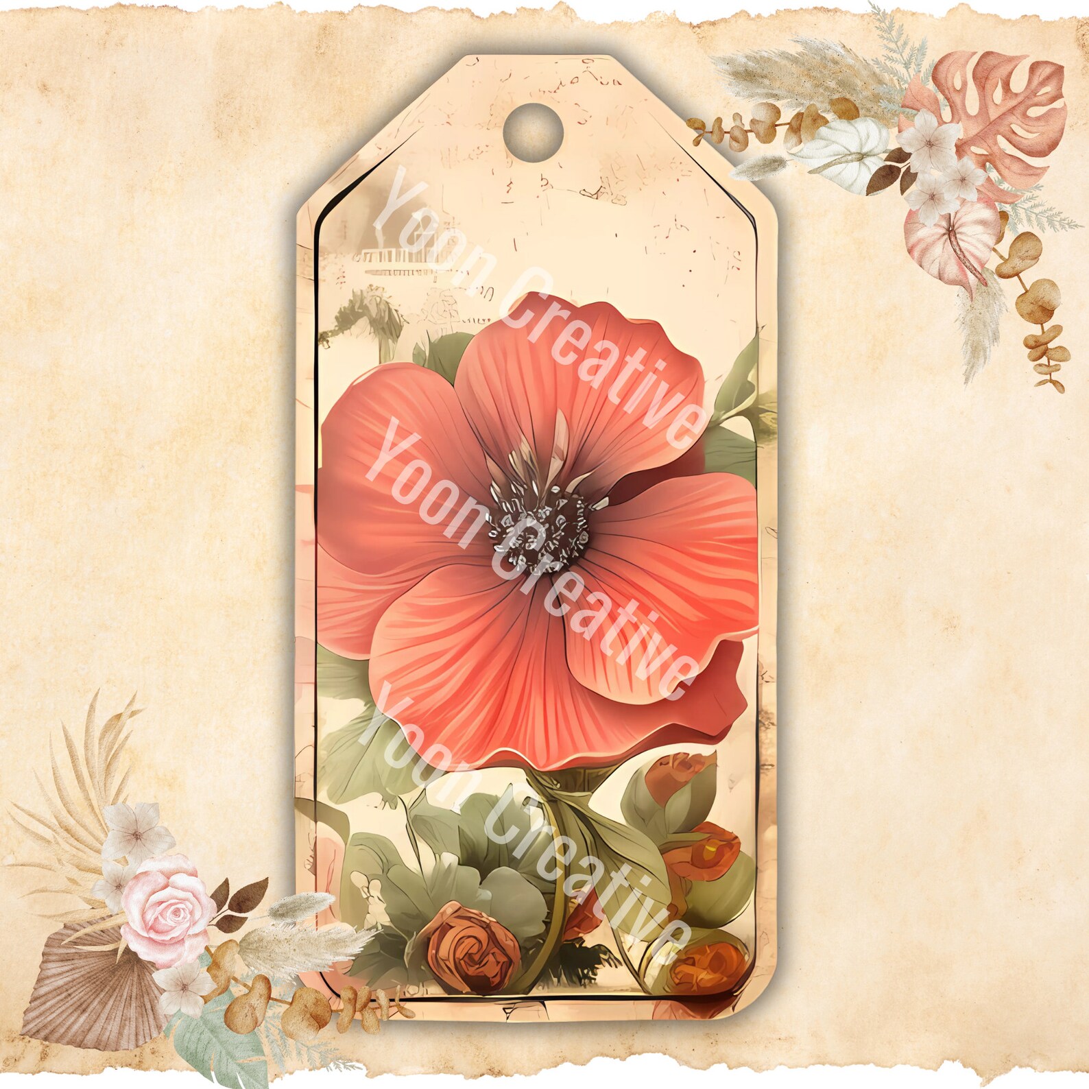 Vintage Floral Digital Paper Tag for Creative Project, Transparent ...