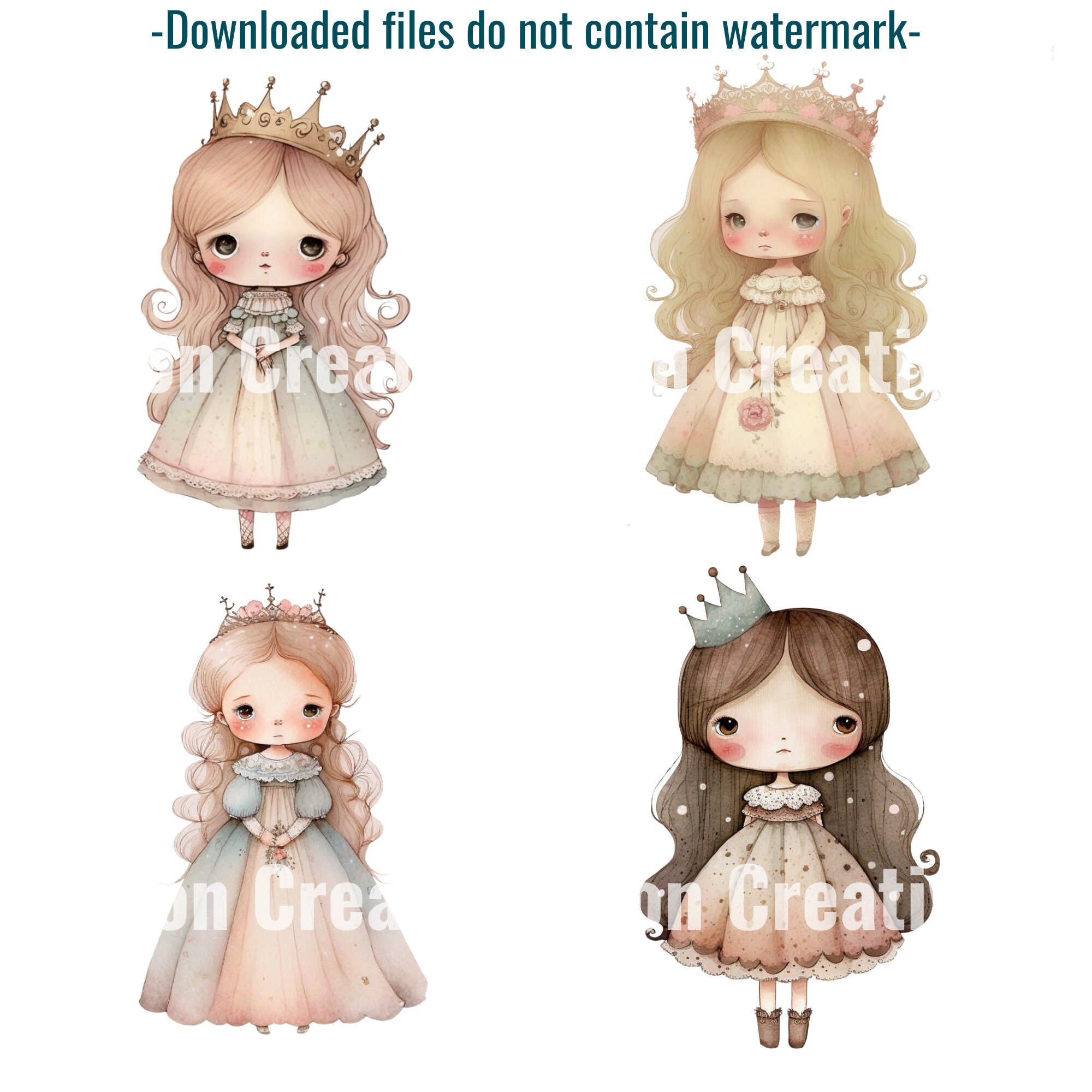 Watercolor Princesses Clipart Set, 10 PNG, Transparent Background, Cute ...