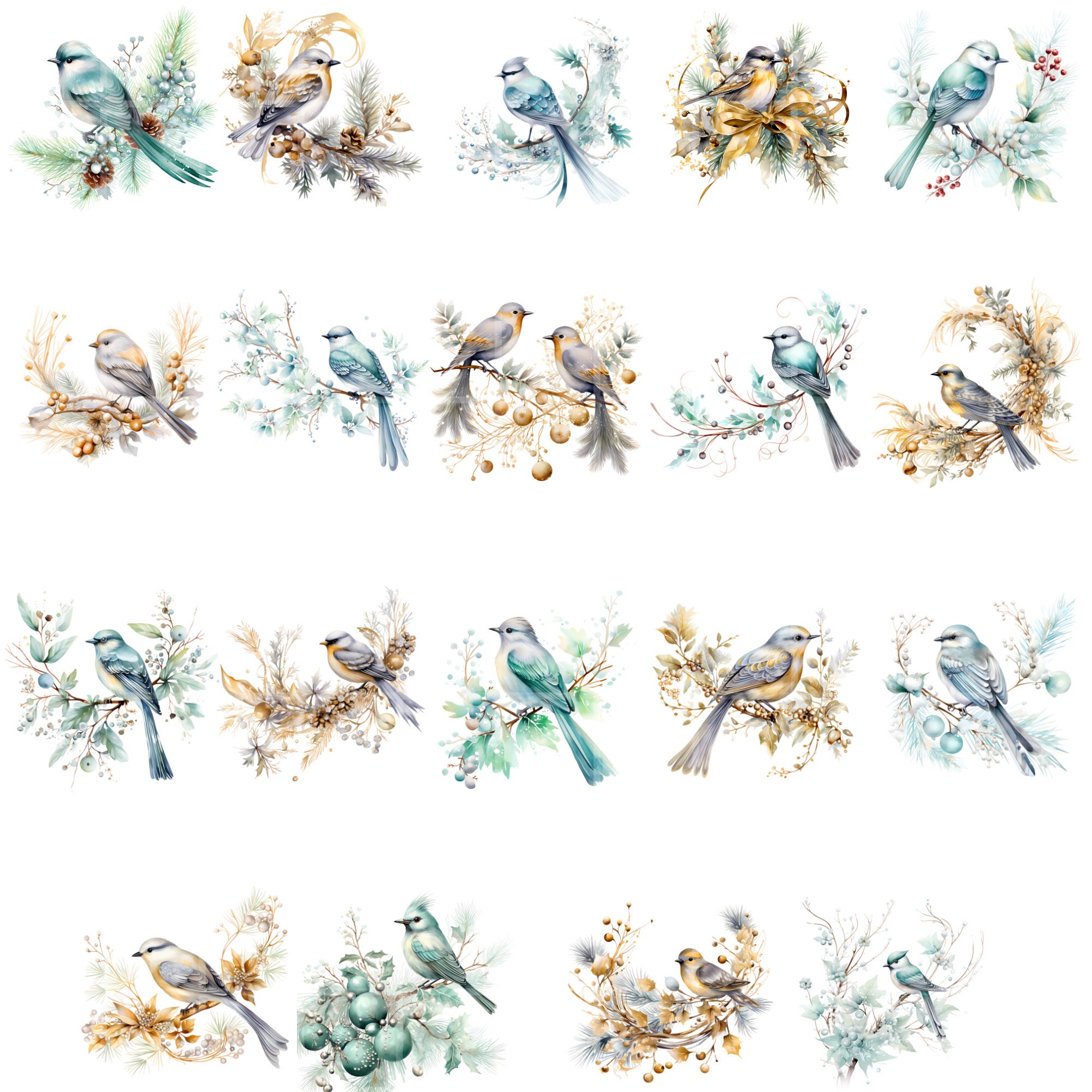 Festive Winter Bird Clipart Set for Creative Projects, Gold Silver ...