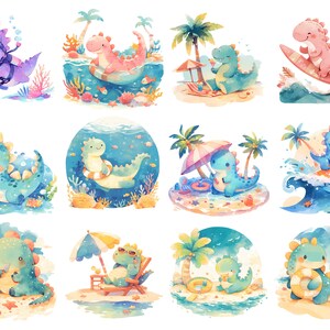 Cute Summer Dinosaurs at the Beach Clipart Set for Creative Project ...