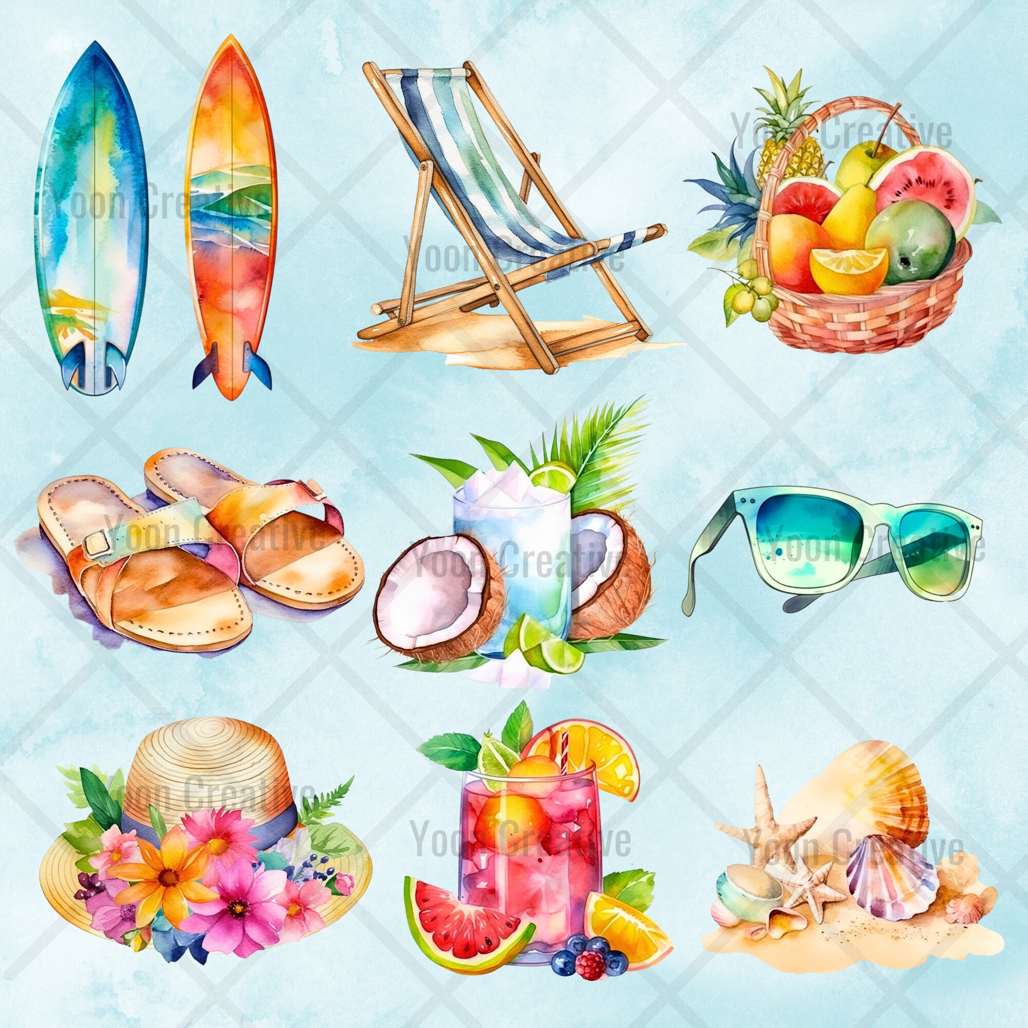 Watercolor Summer Vibes Clip Art Summer Bundle Beach Accessories Summer ...