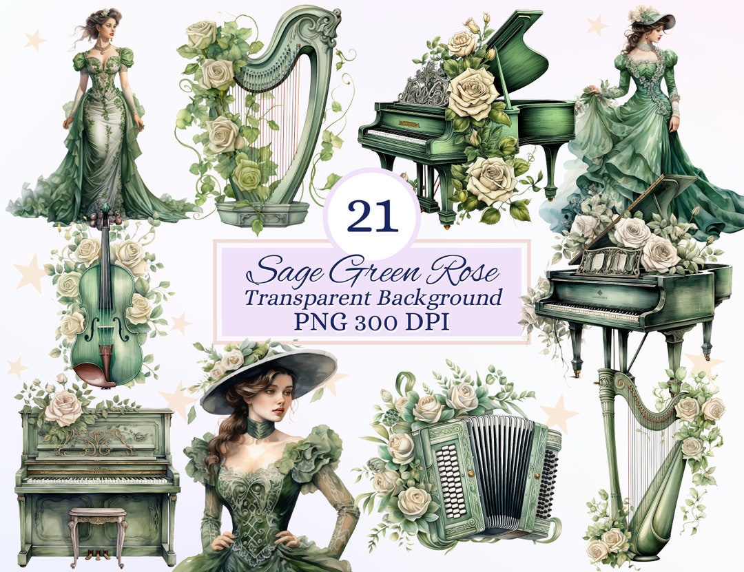 Sage Green Rose Cliparts for Creative Projetcs, Floral Musical Elements ...