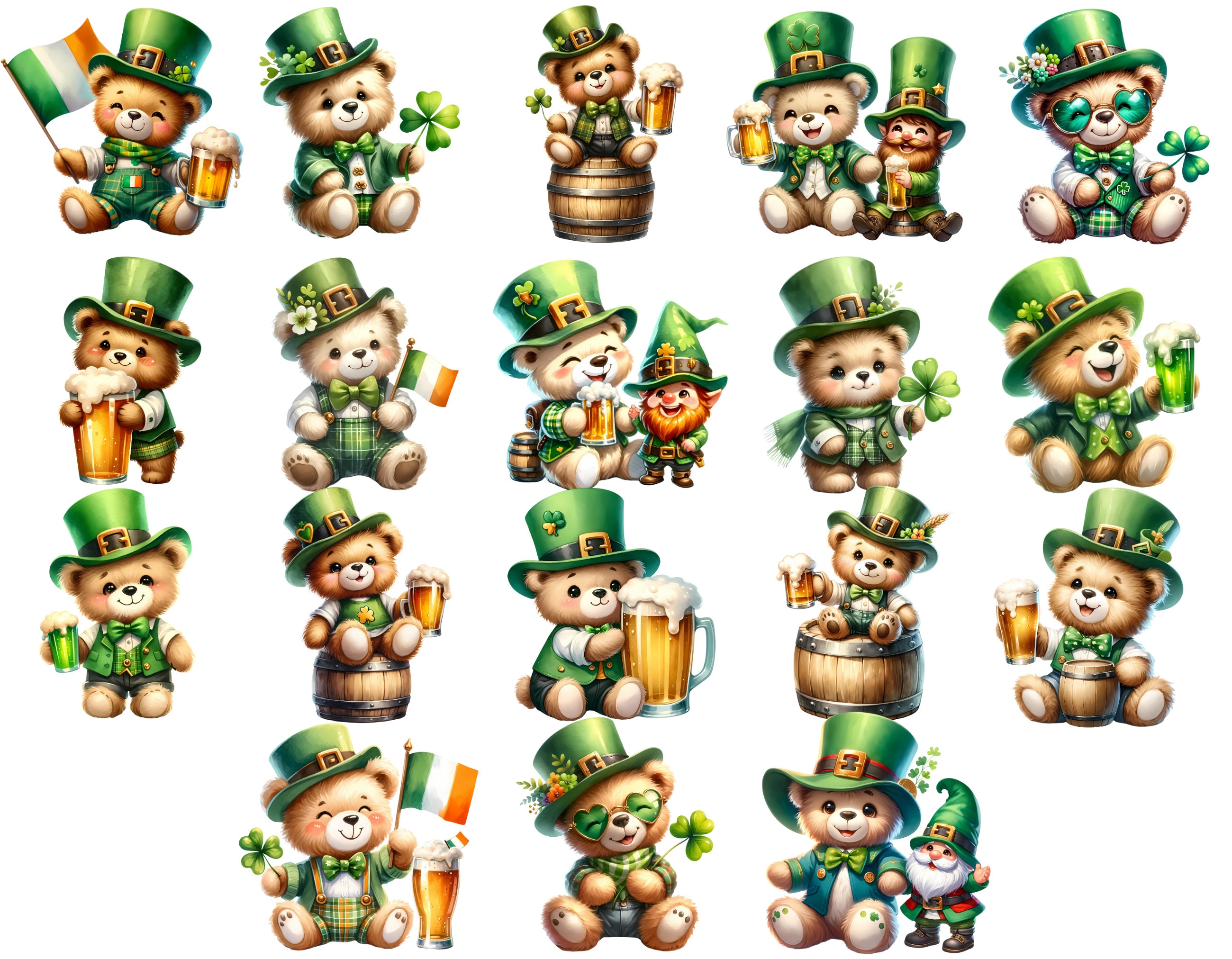 Saint Patrick's Bears Clipart Set for Creative Project, St Patrick Day ...