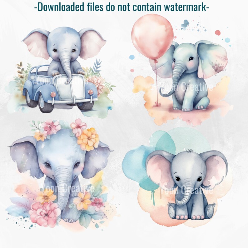 Adorable Elephant Watercolor Clipart Set - Baby Shower Bundle - 10 PNG ...