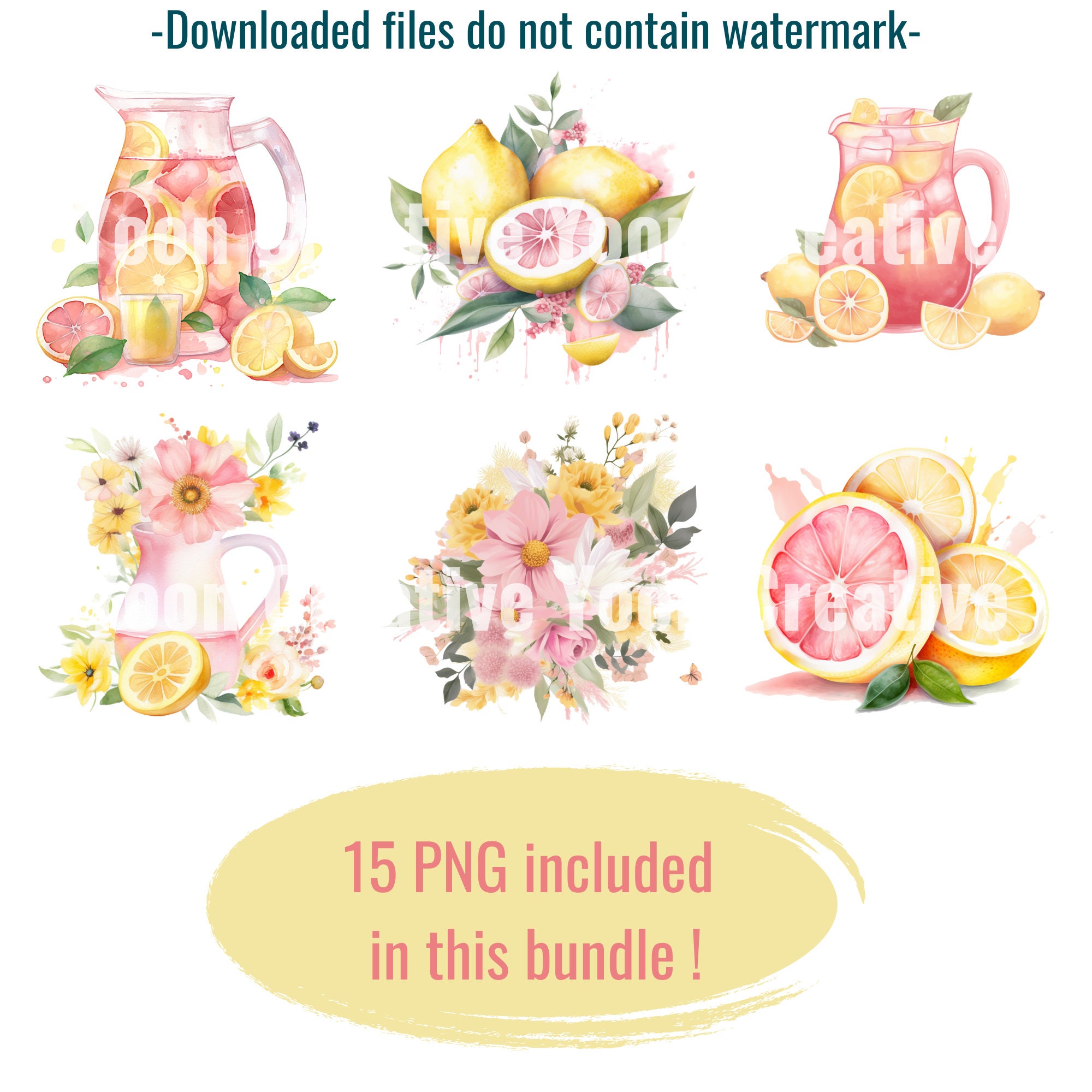 Pink Lemonade Party Clipart Bundle Watercolor 15 PNG Transparent ...