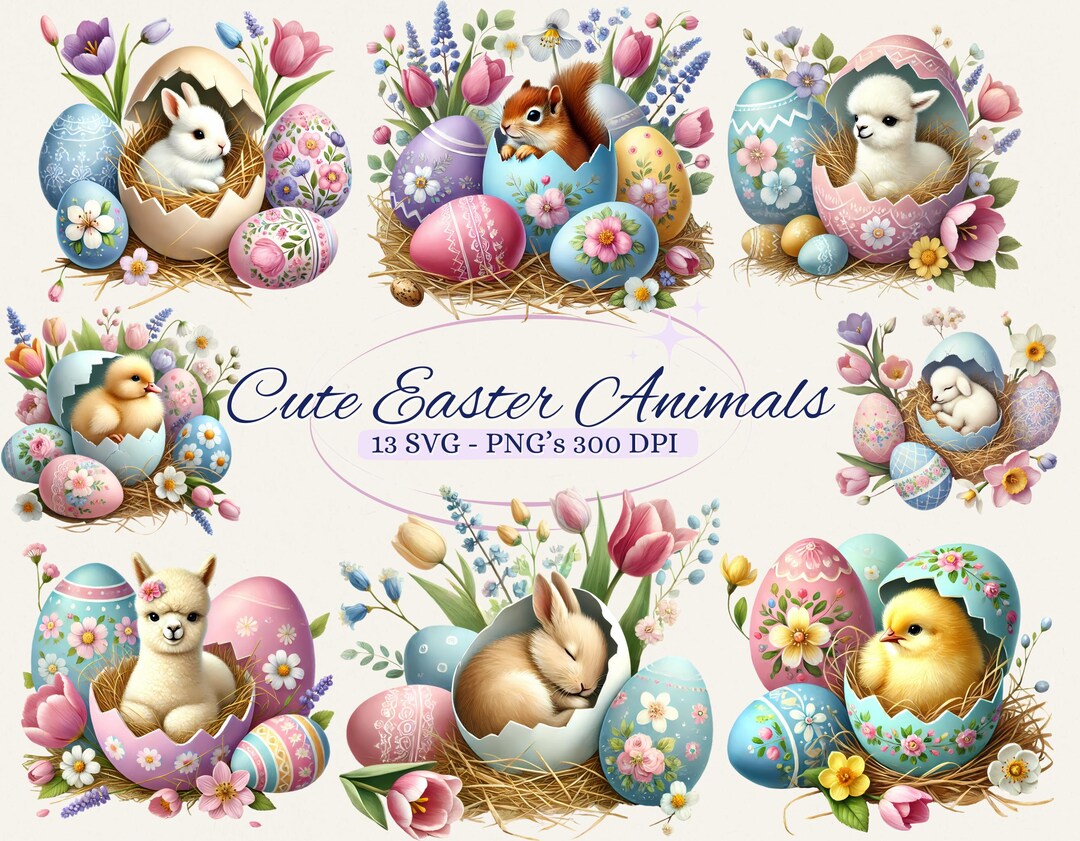 Cute Easter Animals Cliparts for Creative Project, Floral Spring ...