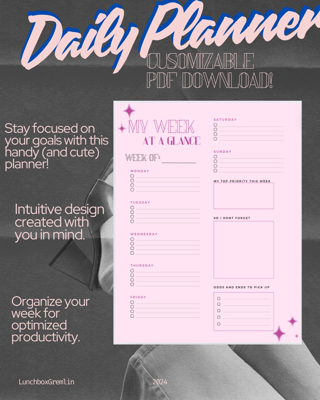 Pink Weekly Planner PDF| Digital Weekly Planner Undated | Digital ...