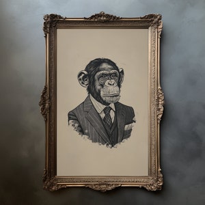 Monkey Portrait Wall Art Print Vintage Monkey in Suit Sketch Dark Moody ...