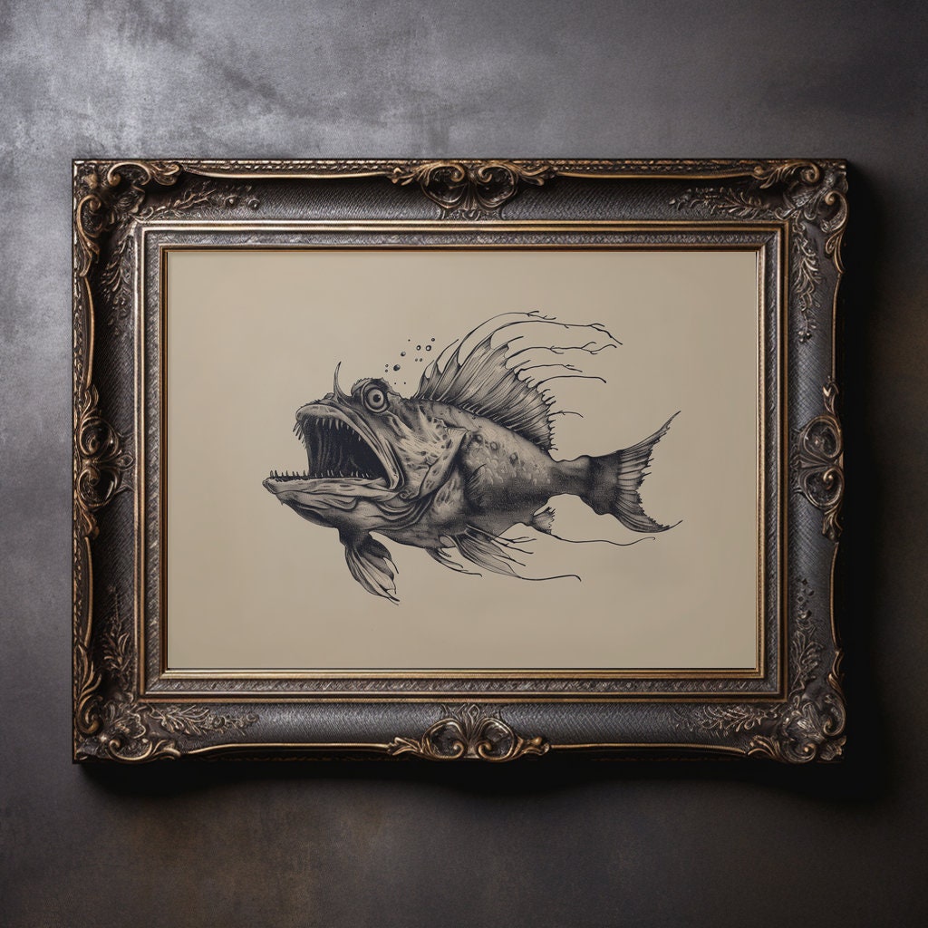 Deep Sea Monster Digital Illustration, Printable Angler Fish Sketch on ...