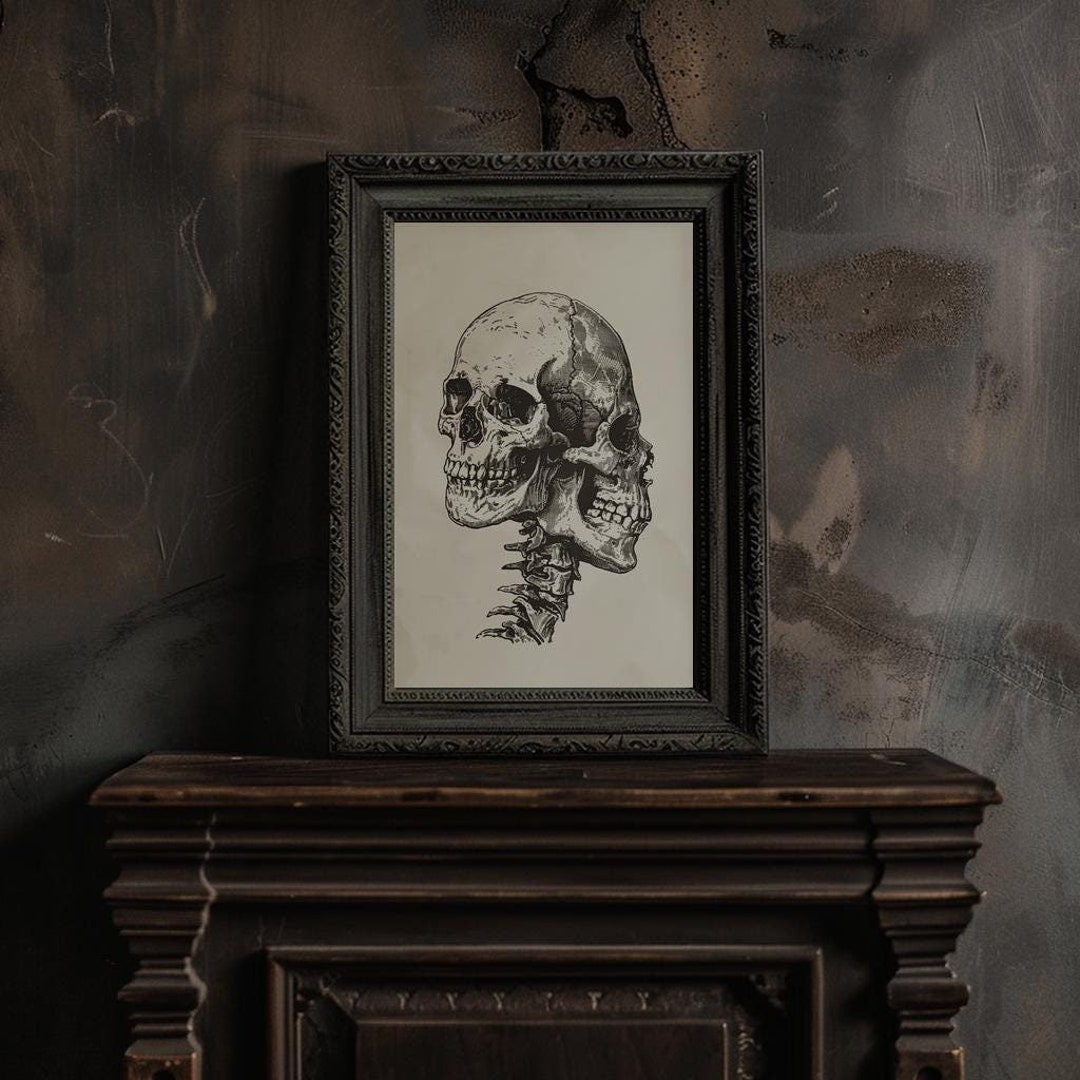 Double Headed Skull Wall Art Printable Vintage Skull Illustration Wall ...