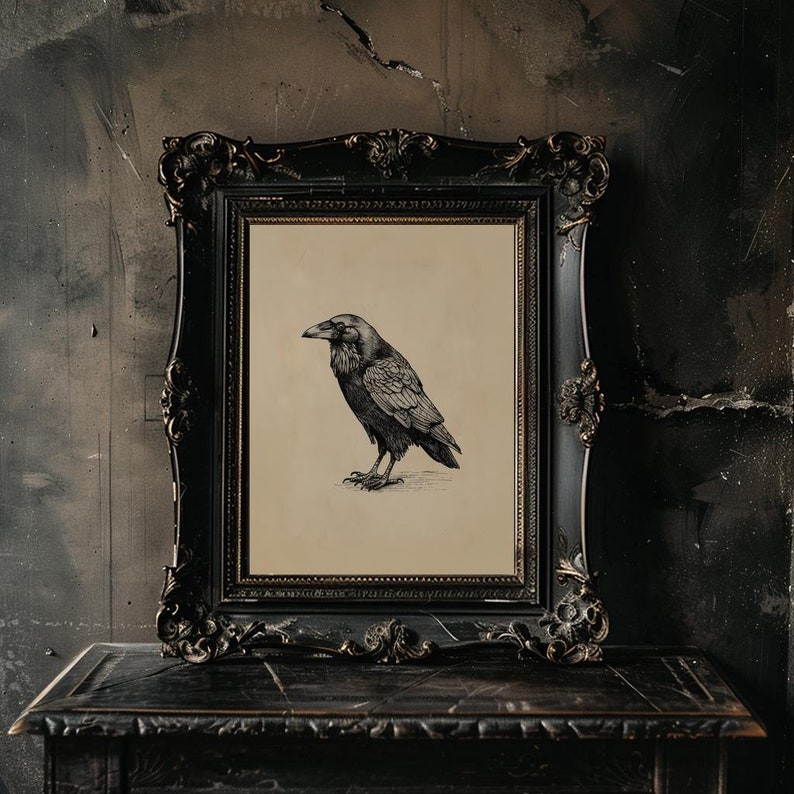 Gothic Raven Wall Art Printable Vintage Black Raven Illustration Moody ...